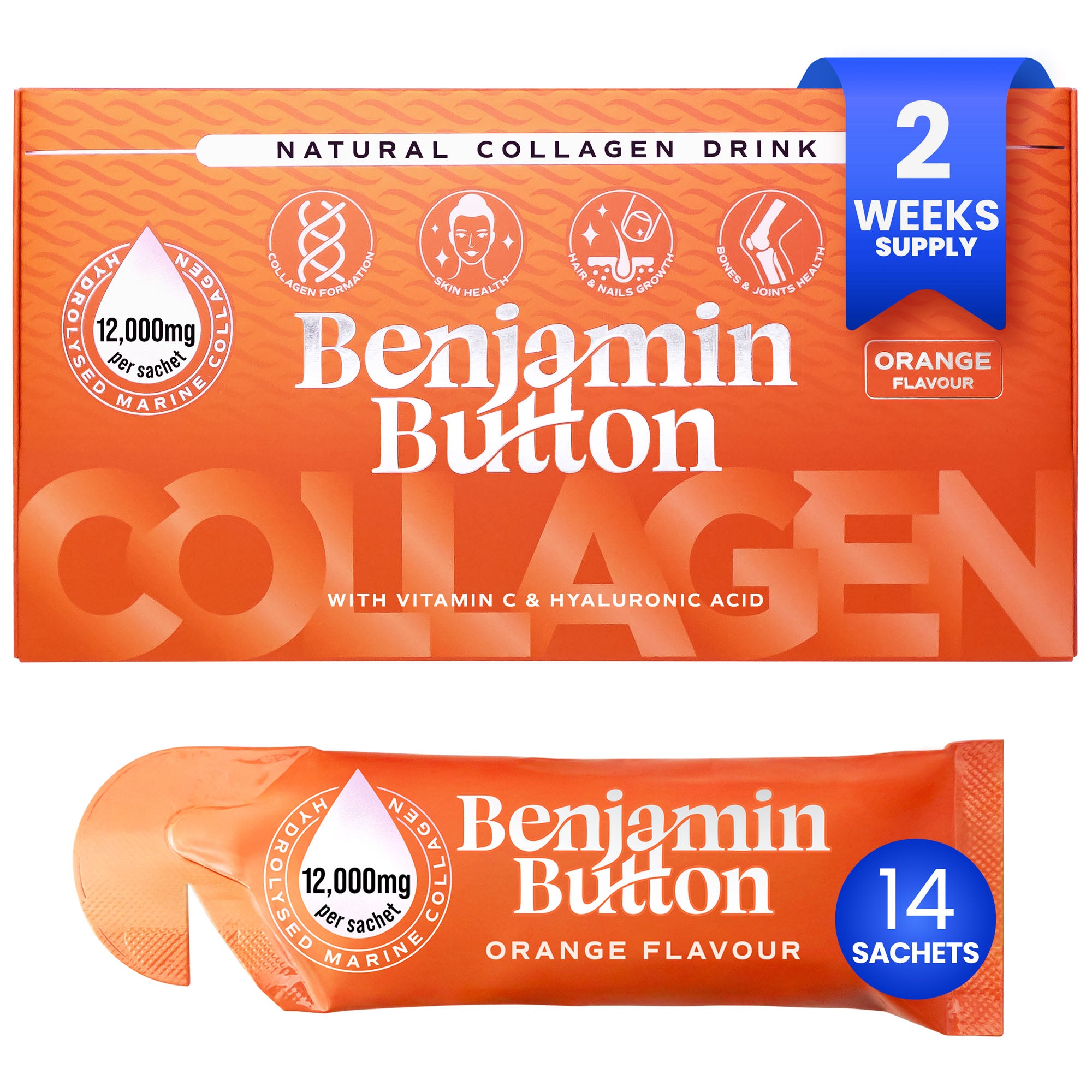 14x Orange 12,000mg Marine Collagen Liquid Sachets – Benjamin Button